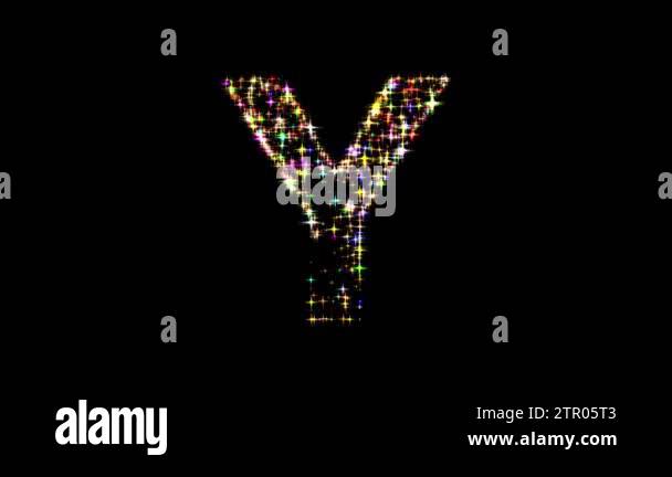 English alphabet Y with colorful glitter sparkles on plain black ...