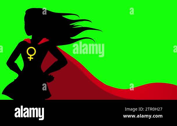 Motion graphics of a superheroine in red cape with female symbol on her ...