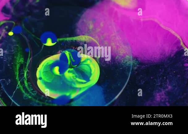 Paint drop. Ink water splash. Emulsion bubble. Bright neon green blue ...