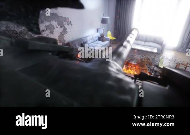 anti-war concept. military tank invaded in house. Realistic 4k ...