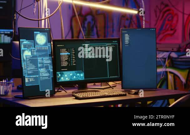 High tech computer systems running malicious code in messy empty criminals hideaway. Virus ...
