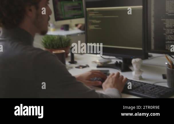 Back view shot of Biracial male programmer with beard and curly hair ...