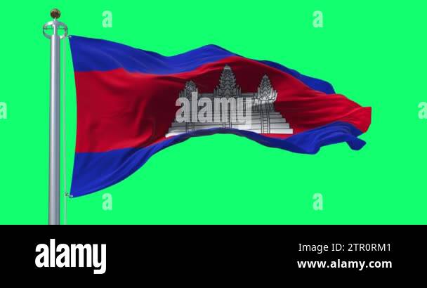 Cambodia national flag waving on green screen. Three bands, blue ...