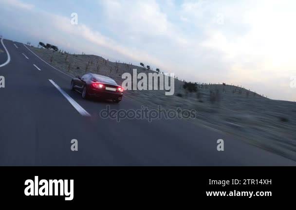 Black sport car on road, highway. Very fast driving. Wonderfull sunrise ...