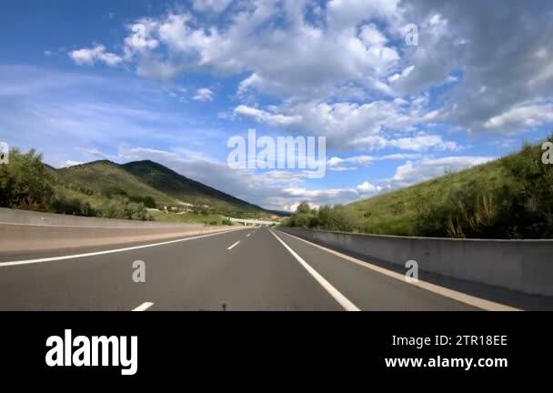 Driving on the Highway, Late Afternoon before Sunset, Front View, In ...