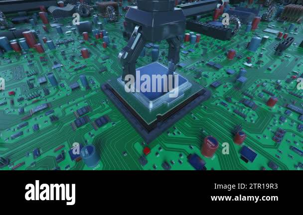 Robotic Arm Installing Processor into the Circuit Board Close-up. 3d ...