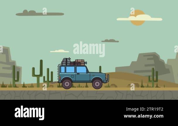 Animated SUV car with luggage on the roof trunk riding through canyon ...