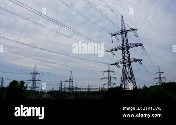 Many power pylons with high voltage lines Stock Videos & Footage - HD ...