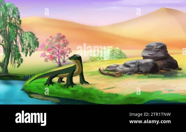 Green Komodo dragon lizard in nature. Handmade HD animation, looped ...