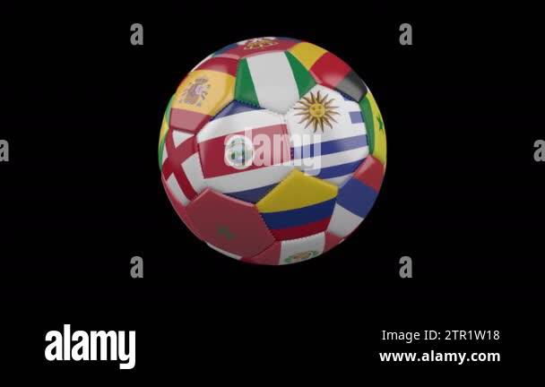 Rotating soccer ball with flags of the countries of the world on a ...