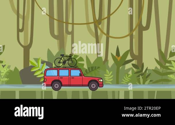 Animated red SUV car with bicycle on the roof trunk riding through ...