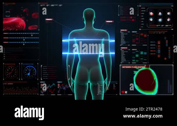 Zooming front Female body and scanning heart. Human cardiovascular ...