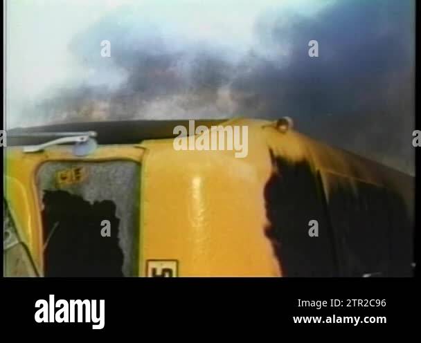 Reenactment of school bus and victims after explosion, 1970s Stock ...