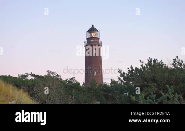 Shinning old lighthouse above pine forest before sunset. Tower ...