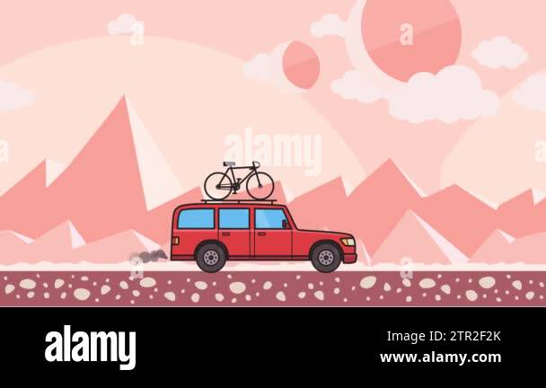 Animated red SUV car with bicycle on the roof trunk riding through pink ...