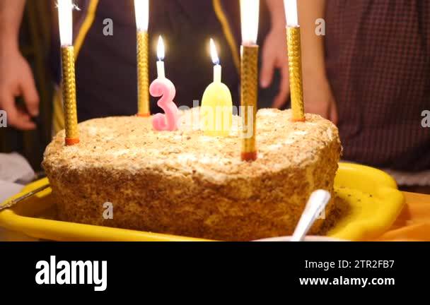 birthday cake with candles spark fireworks in dark room Stock Video ...