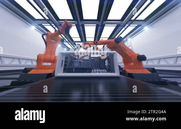 Beautiful Robotic Arms Assembling Computer Cases On Conveyor Belt ...