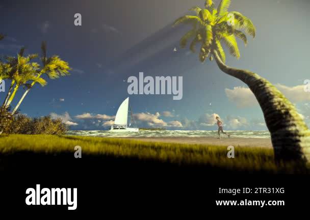 Tropical island, palm trees blowing in the wind and yacht sailing ...