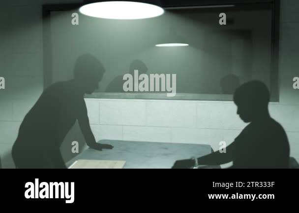 Camera rotates showing both sides of the interrogation room. In one ...