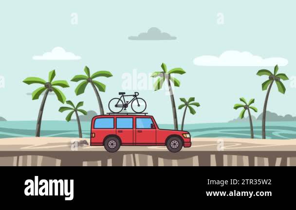 Animated red SUV car with bicycle on the roof trunk riding on the beach ...