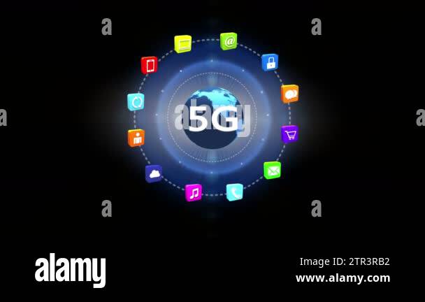 4k 5G symbol,concept,online services icons,social media around rotating ...