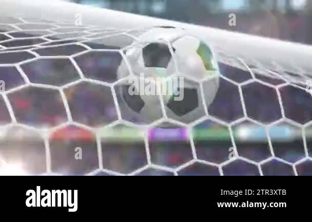 Soccer Ball Flies into the Goal with Camera Flashes. Beautiful 3d ...