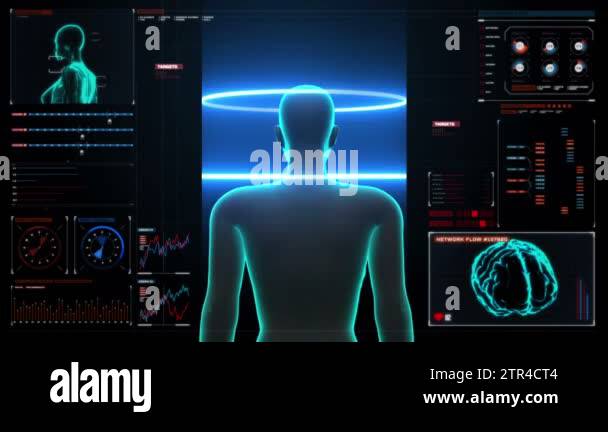 Zooming front Female body and scanning Human eyes system in digital ...