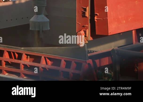 Close view of ship loading grain crops on bulk freighter via trunk to ...