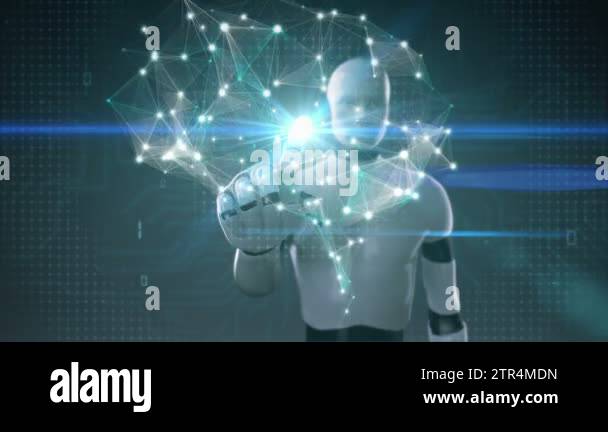 Robot cyborg touching Brain connect digital lines, grow artificial ...