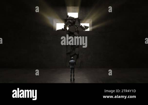 Robot, cyborg walking through shape of cross on the black wall Stock ...