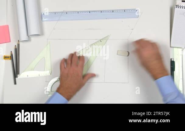 Top View with Technical Man Finishing Job Taking a Drawn Plan from ...