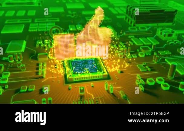 Futuristic animation of holographic thumb up symbol emerging from ...