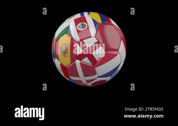 Rotating soccer ball with flags of the countries of the world on a ...