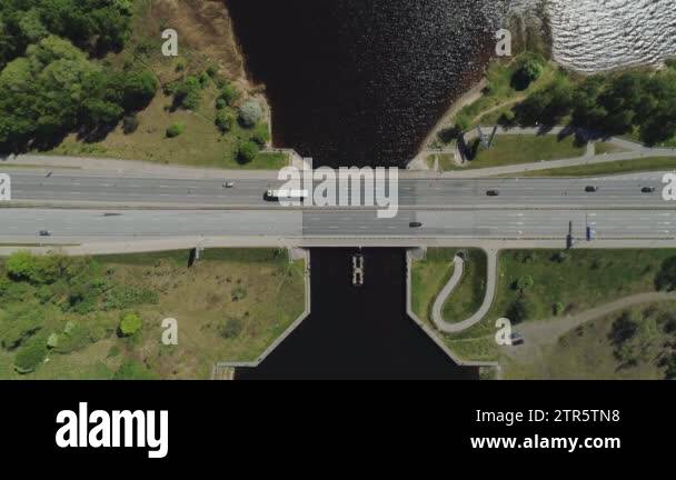 Highway Road Bridge viaduct in Riga city and building with roads and ...