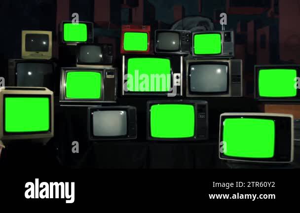 Many Tvs With Green Screens. Aesthetics of the 80s. Ready to Replace ...
