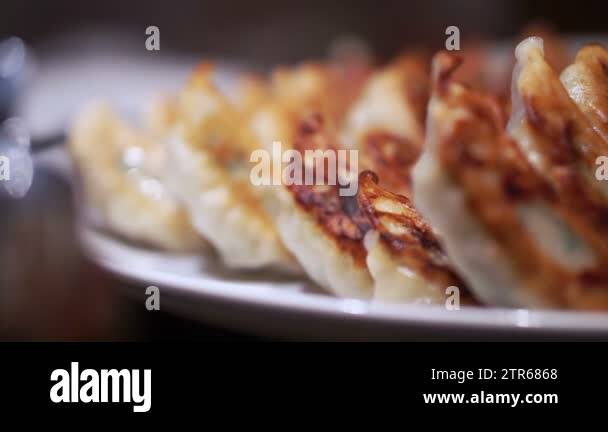 Plate full of delicious Japanese gyoza with one side burnt crust ...