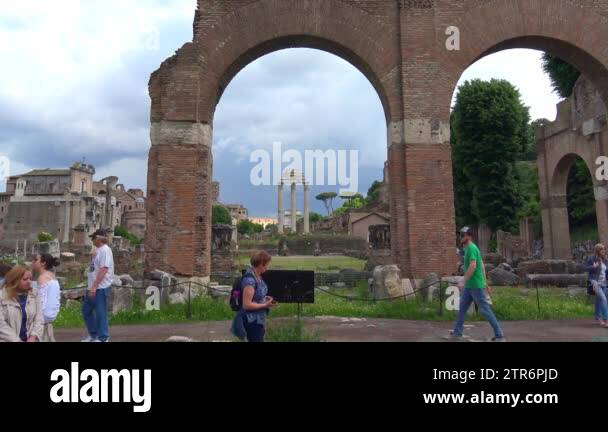 Rome, view and details of the ruins of the Roman Forum which together ...