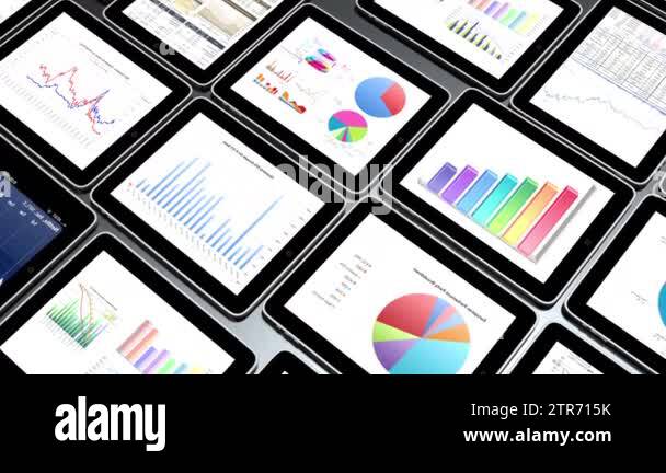 4k Mobile devices,finance pie charts & stock trend diagrams in the ipad ...