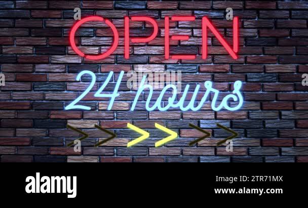 flickering blinking red and blue neon sign on brick wall background ...