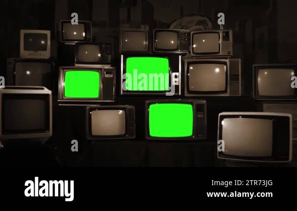 Many Tvs With Green Screen Turning On. Sepia Tone. Aesthetics of the ...