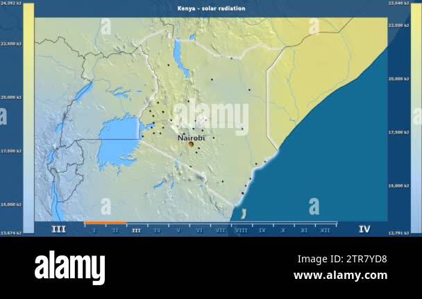 Solar radiation by month in the Kenya area with animated legend ...