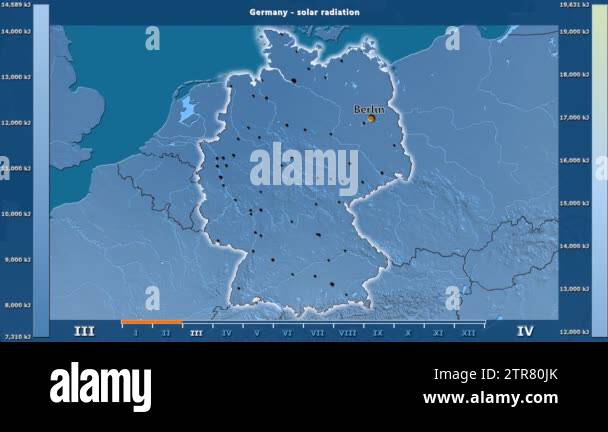 Solar radiation by month in the Germany area with animated legend ...