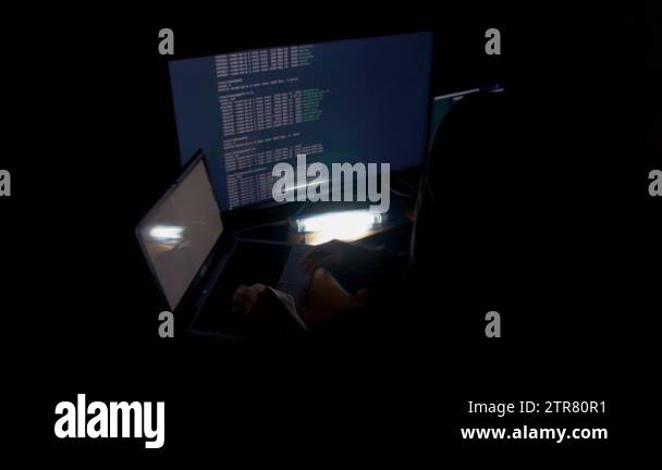 Hacker In Hood Cracking Code Using Computers In Dark Room Stock Video 7503