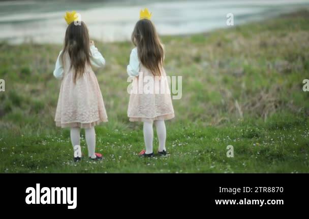 Two little princesses stand on a green meadow. Two little girls twins ...