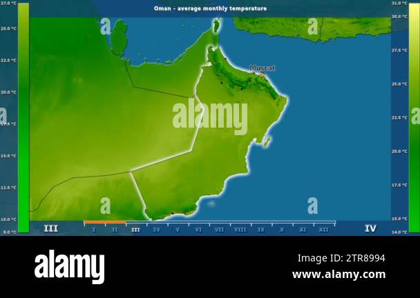 Average temperature by month in the Oman area with animated legend - English labels: country and ...
