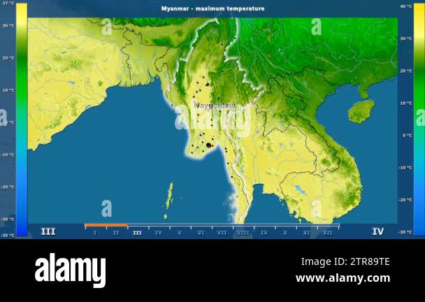 Maximum temperature by month in the Myanmar area with animated legend ...