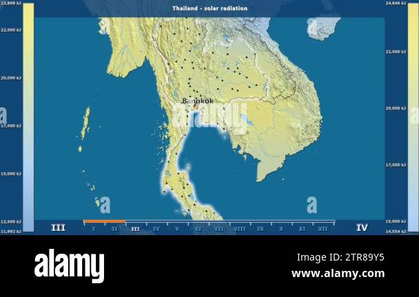 Solar radiation by month in the Thailand area with animated legend ...
