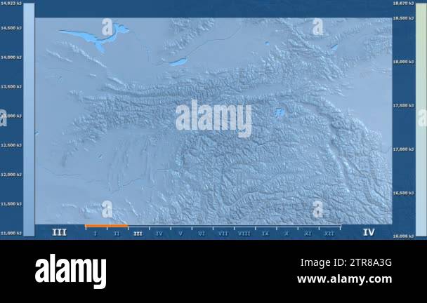 Solar radiation by month in the Tajikistan area with animated legend ...