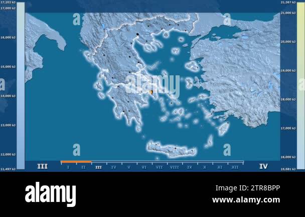 Solar radiation by month in the Greece area with animated legend ...