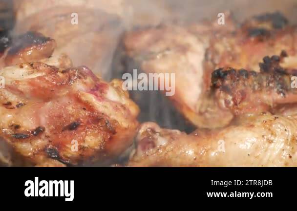 Close Up Barbecue with Chicken Meat Roasted an O Grill with Charcoal ...